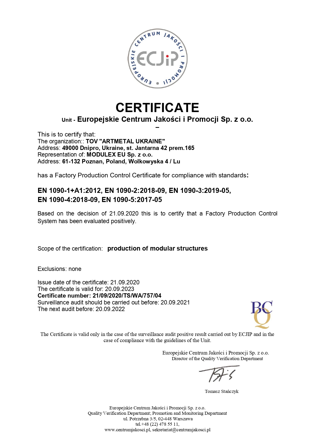 Certification | Construction of modular fast-erected buildings in Ukraine - Modulex